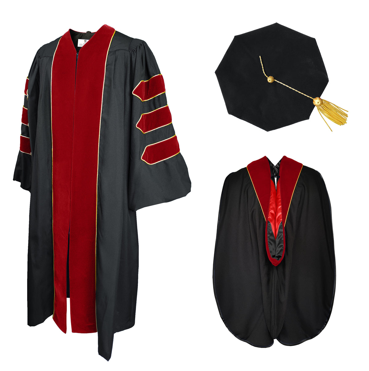 Deluxe Doctoral Graduation Gown Hood and Tam with Gold Pinging 8Side ...